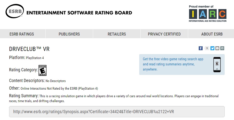 Driveclub VR Edition rated by ESRB - Team VVV